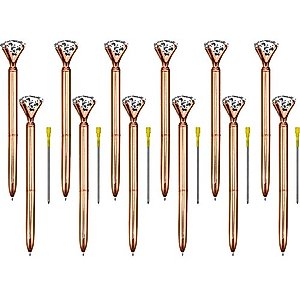 Bememo 12 Pieces Big Diamond Crystal Ballpoint Pens and 6 Pieces Ballpoint Pen Refills, Black Ink (Rose Gold)