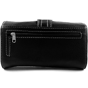 Justin West Western Floral Laser Cut Embroidery Studded Silver Rhinestone Buckle Wristlet Trifold Wallet Attachable Long Strap Collection (Black)