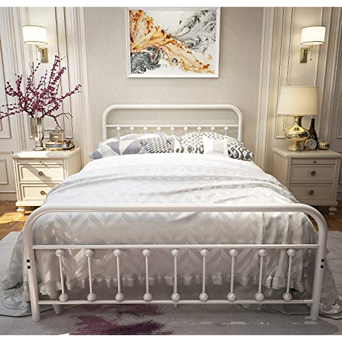 NEEBIRGELIA White Metal Bed Frame Queen Size with Headboard and Footboard Single Platform Mattress Base,Metal Tube and Iron-Art Bed（Queen,Grayish White）