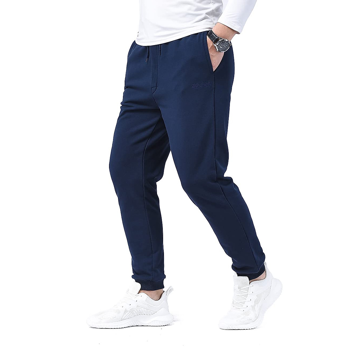 Zoulee Classic Drawstring-Waist Zipper Logo Jogger Pants with Zipper Fly Navy Blue 2XL