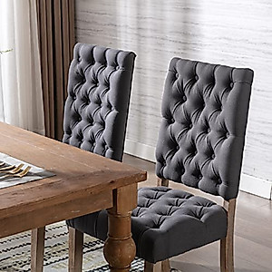 AMNOOL Linen Dining Chair Set of 2 Wooden Frame Tufted Upholstered Dining Chairs with Wooden Legs Desk Chair Side Chair High Back for Kitchen Dining Room Living Room Bedroom (Grey)