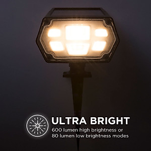 Home Zone Security Solar Spotlights - Outdoor 500 Lumen High Brightness 3500K Warm Spot Light with 3 in 1, In-ground, Wall Mount, or Flag Pole Setup Design, Black (2-Pack)