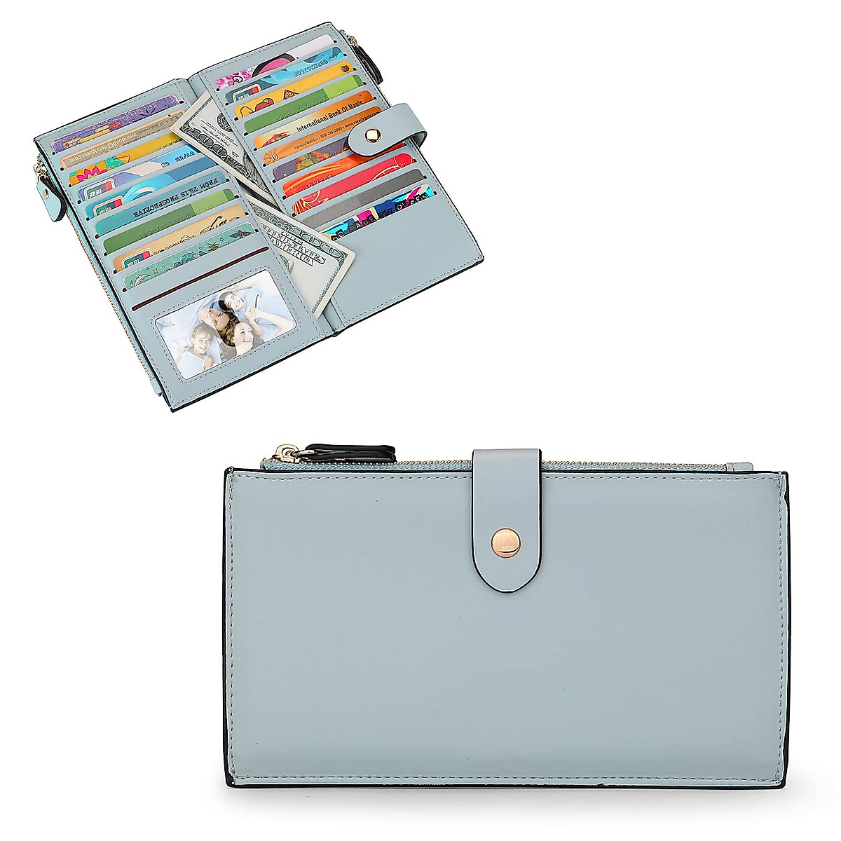 UTO Wallet for Women Leather Vegan 23 Slots Card Doulbe Zipper Pockets Large Phone Holder Organizer Light Blue