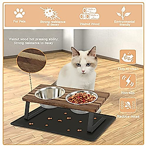 Aivituvin Elevated cat Bowls, 15°Tilted Raised Cat Food Bowl, Walnut Wood Water Stand Feeder Set for Cats and Puppy, Cat Bowl Stand with Anti Slip Mat(Small)
