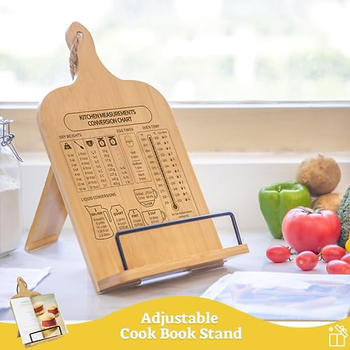 Songtaste Bamboo Cookbook Stand, Sturdy Cook Book Holder, Recipe Book Holder with Measurement Conversion Chart, Cookbook Stand for Kitchen Counters, Essential Accessories for Holding Cookbooks