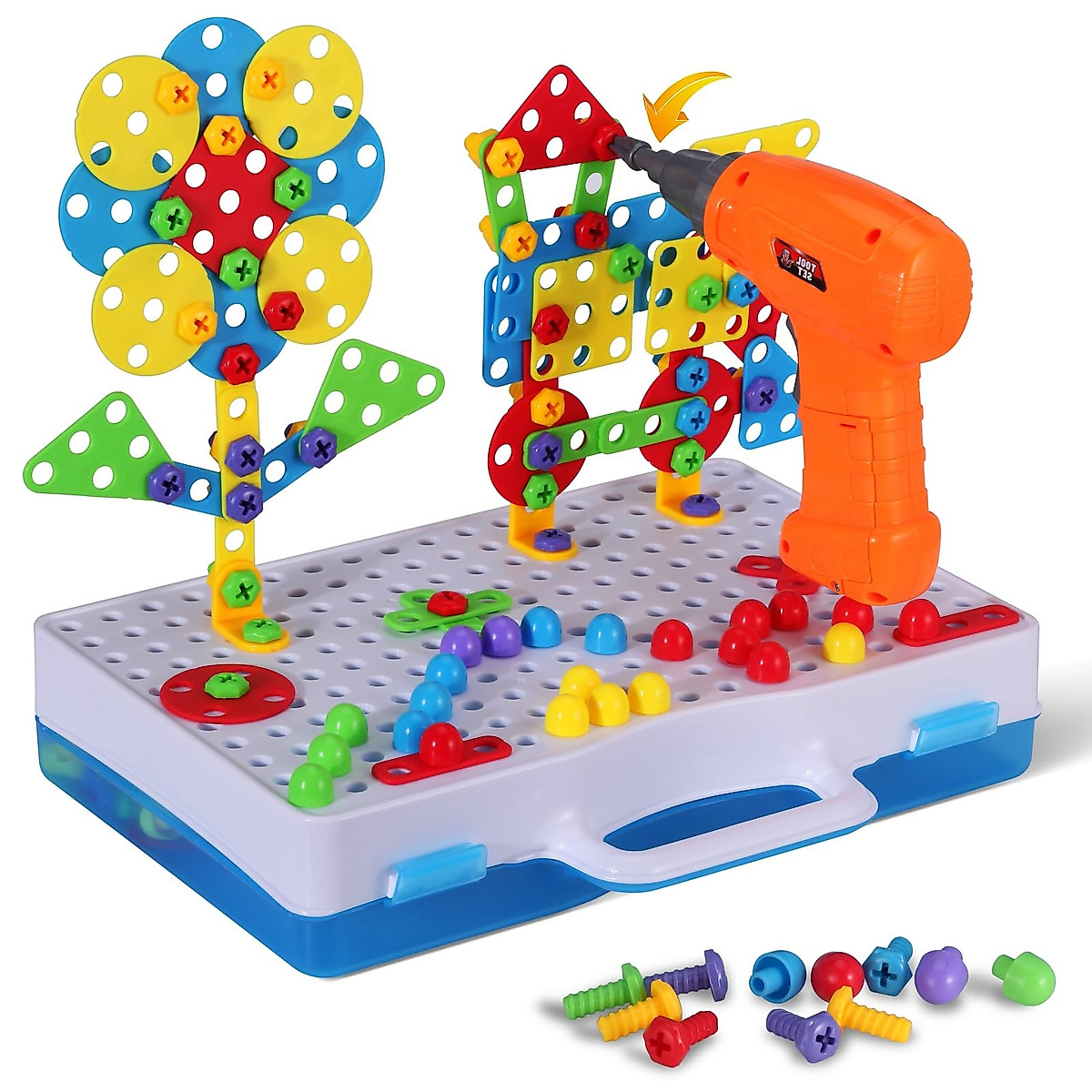 Creativity Tool Box with Drill Screwdriver Toy Set, STEM Building Toys for Kids 3+ Year Old, Creative Building Blocks Pegboard Kits for Boys & Girls 3 4 5 6 7 8 Year Old