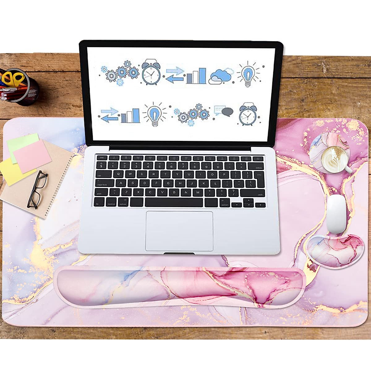 Keyboard Mouse Pad Set, Extended Mouse Pad+Keyboard Wrist Rest Support, Memory Foam Ergonomic Easy Typing, 3Pcs (35.4×15.7 in) Desk Pad Set for Home Office Study Game- Pink Marble