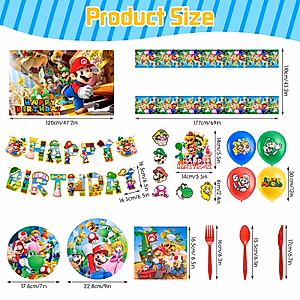 104 PCS Marrio Birthday Party Supplies, Cute Marrio Birthday Party Decorations with Marrio Birthday Plates, Birthday Banner, Balloons, Knives, Forks, Spoons, Napkins, Backdrop, Tablecloth, Cake Topper