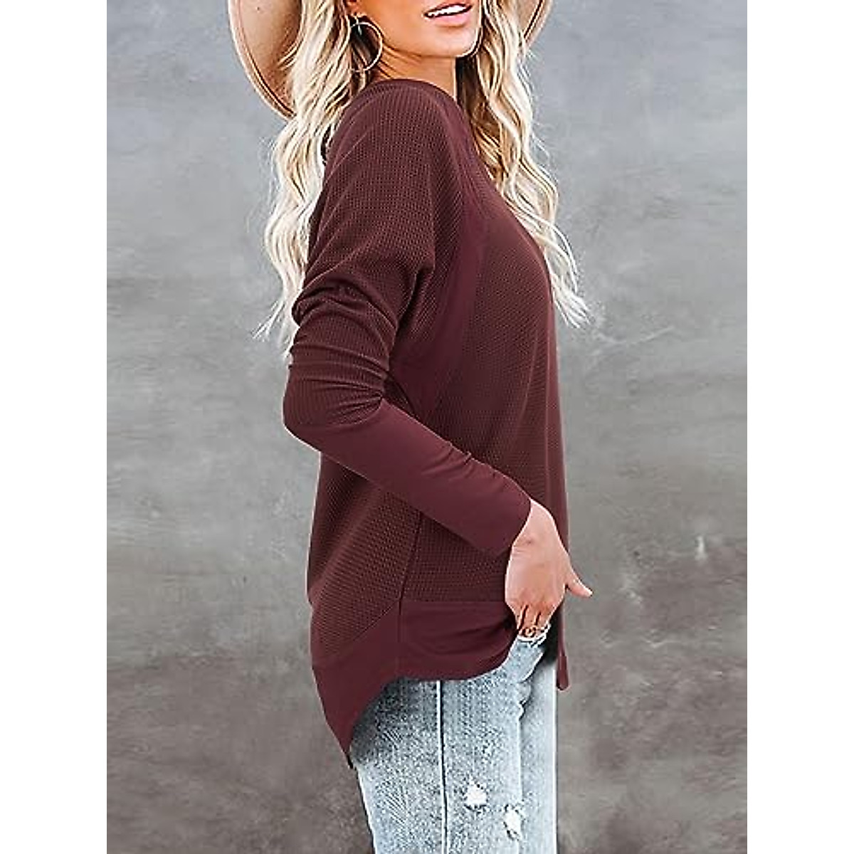 SOLERSUN Womens Waffle Knit Tops Long Sleeve Crewneck Casual Loose Blouses Lightweight Pullover Jumper 2023 Fall Jujube red M