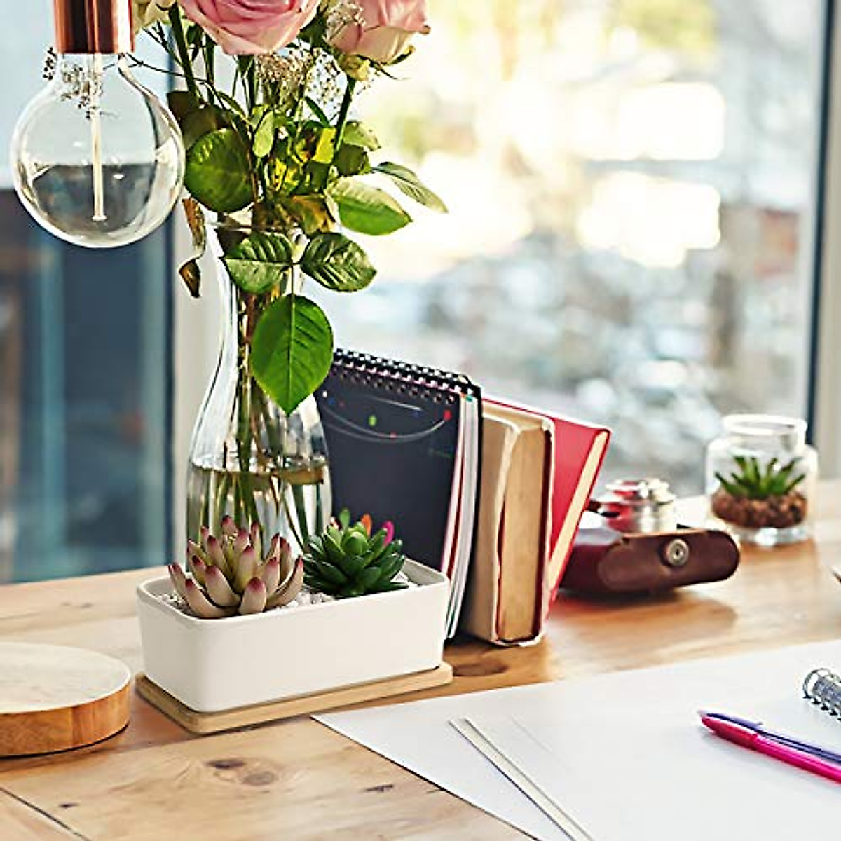 OAMCEG 2 Pack Succulent Plant Pots 6 Inch Rectangular Ceramic Planters, Set of 2 White Cactus Container, Bonsai Pots, Flower Pots with Drainage Hole & Bamboo Tray (Plants NOT Included)