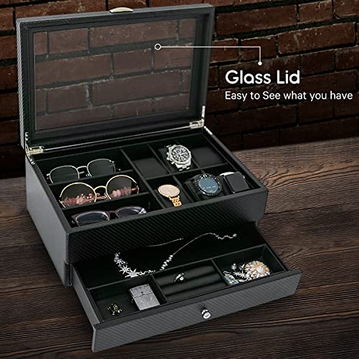 HAUTEROW Watch Box Organizer For Men Jewelry Box, Watch Case Sunglass Organizer Valet Tray Mens Jewelry Organizer Holds 6 Watches 3 Sunglasses