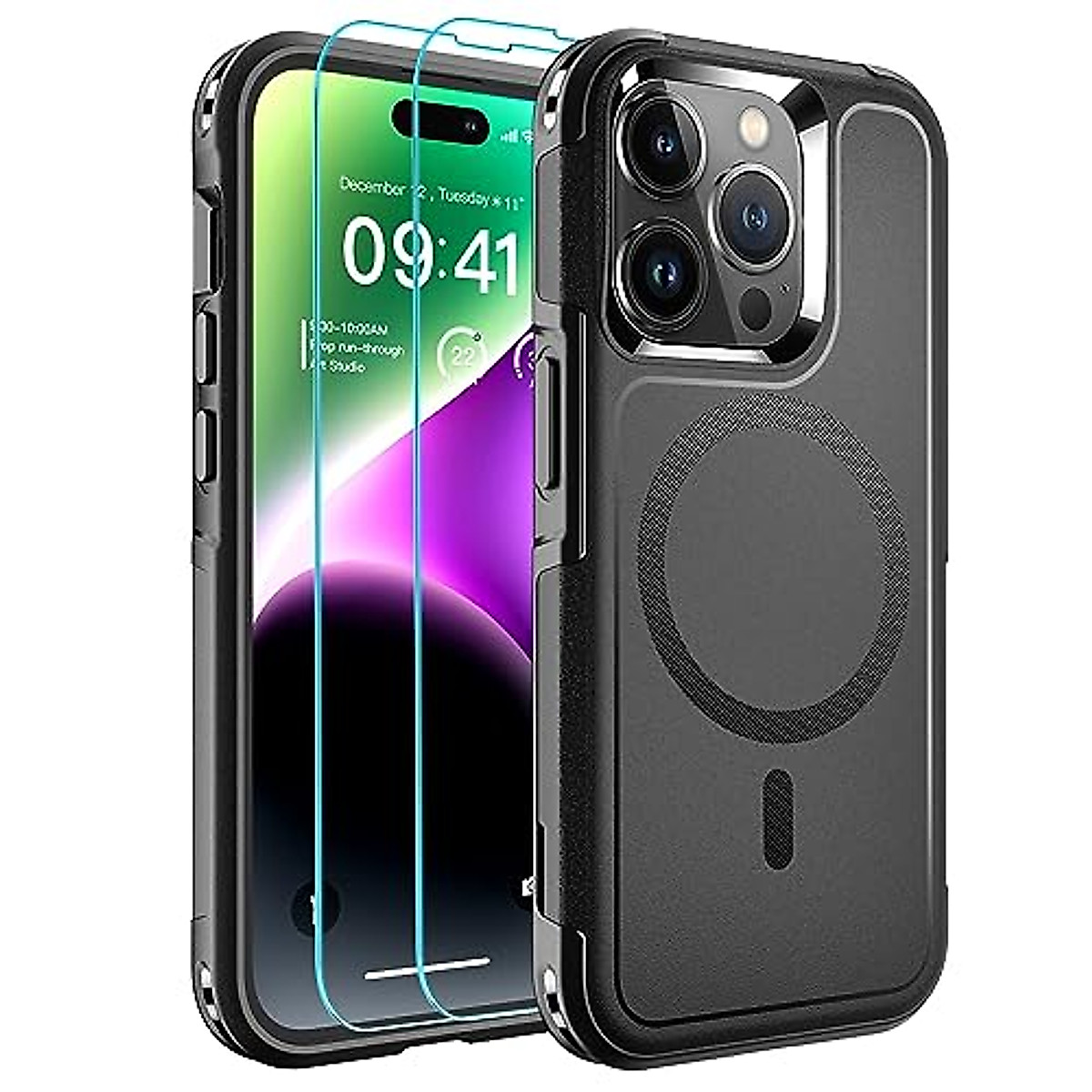 SUPFINE for Magnetic iPhone 14 Pro Case (Compatible with MagSafe) (10 FT Military Dropproof) 2X (Tempered Glass Screen Protector) Non-Slip Phone Case Cover,Black