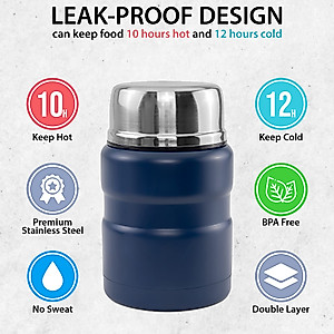 Double Wall Stainless Steel Wide Mouth 16.9 Ounce (500ml) Insulated Food Thermos for Hot Food - Leak Proof Vacuum insulated Food Jar with folding spoon for School, Office, and Travel etc. – Navy Blue