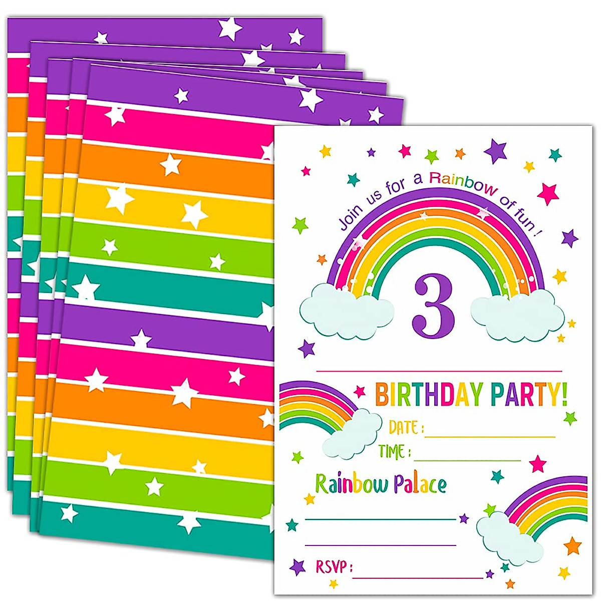 ukebobo 3rd Rainbow Birthday Party Invitations with Envelopes – Birthday Party Invitations, Rainbow Party Decorations– 20 Cards With Envelopes（c03-03）