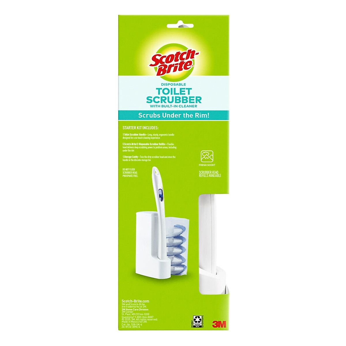Scotch-Brite Disposable Toilet Scrubber Starter Kit, Disposable Refills with Built-In Bleach Alternative, Includes 1 Handle, Storage Caddy and 5 Refills