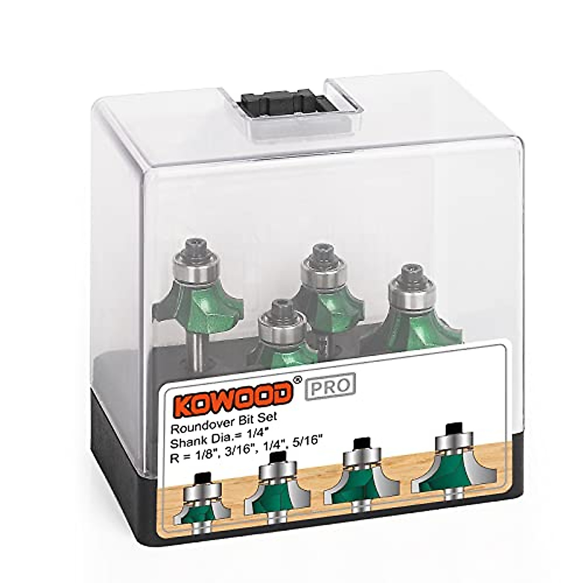 KOWOOD Pro Roundover Bit Set 4 Pcs, 1/4 Inch Shank Router Bit Set, R:1/8", 3/16", 1/4", 5/16"，Designed for Woodworking Enthusiasts