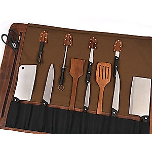 Leather Canvas Knife Roll Storage Bag Expandable 10 Pockets Detachable Shoulder Strap Travel-Friendly Chef Knife Case Roll By Aaron Leather Goods (Cleveland, Canvas Leather)