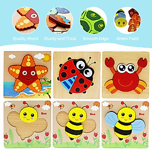 Montessori Toys for 1 2 3 Year Old Boys Girls Wooden Toddler Puzzles Kids Infant Baby Educational Learning Toys for Toddlers 1-3 Gifts 6 Animal Shape Jigsaw Eco Friendly Travel STEM Building Toy Games