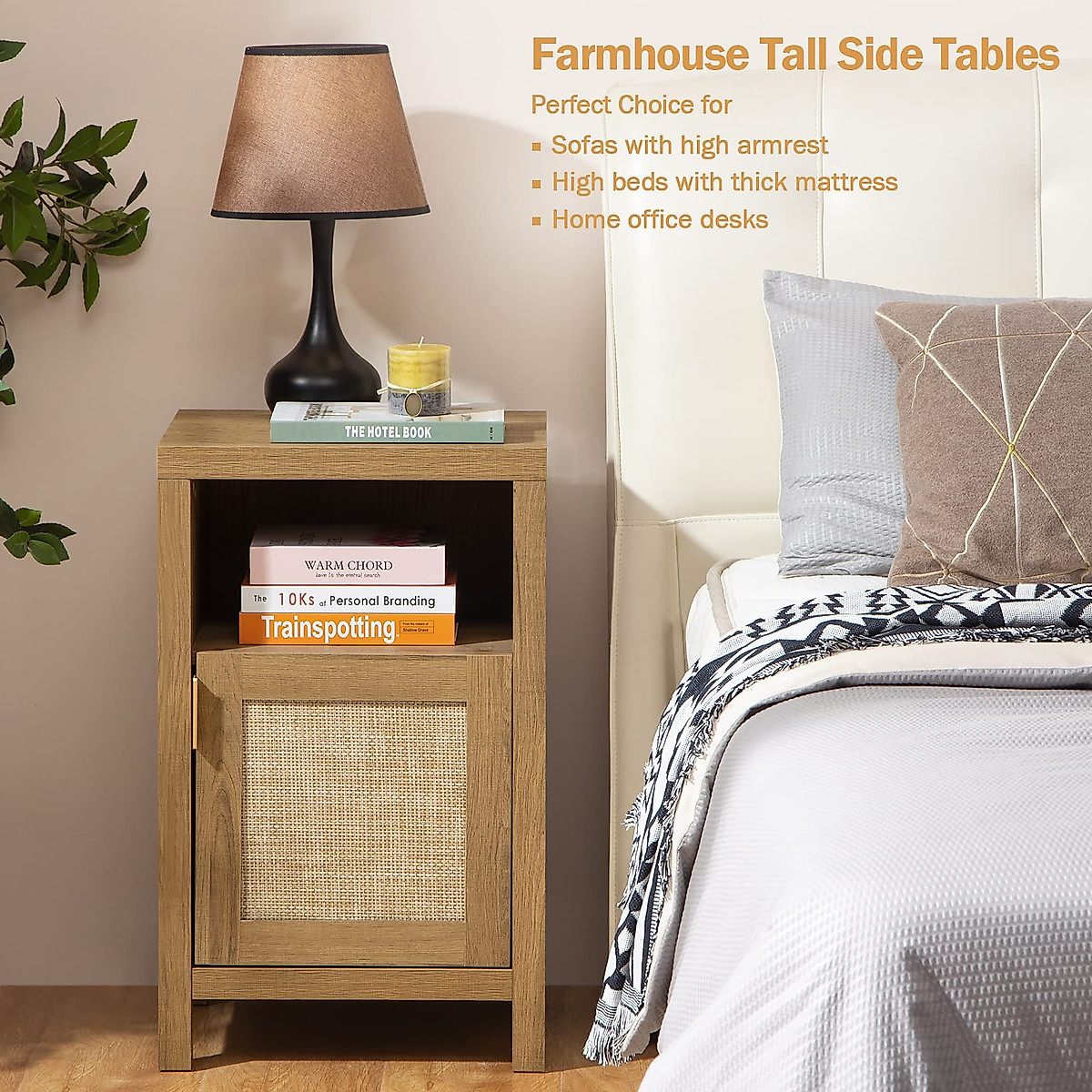 SICOTAS Tall Nightstand Set of 2 - Rattan Night Stand Farmhouse Bedside Table Boho End Table with Drawer for Bedroom Storage - 27.5in High