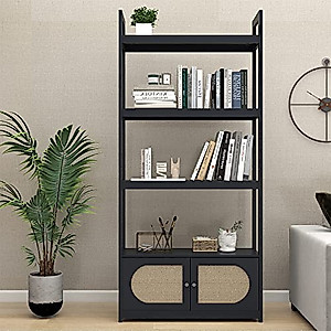 LANTRO JS Bookshelves Bookshelf and Bookcase 4 Tier Bookshelf Storage Rack Shelves with 2 Doors Bedroom Storage Equipment for Living Room Home Office, Black, 31.5"×11.81"×70.87"