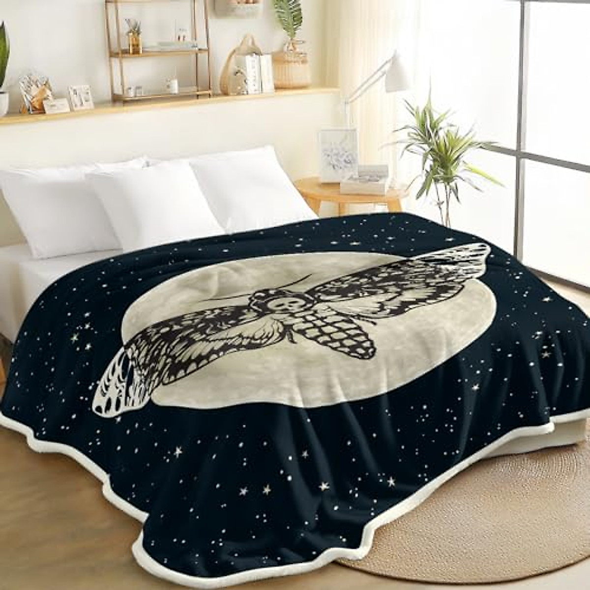 Sleepwish Death Moth Throw Blanket Hawk Moth Skull Sherpa Fleece Blanket Black Galaxy Star Print Blanket Large Size Gothic Halloween College Dorm Decor, Queen (90" X 90")