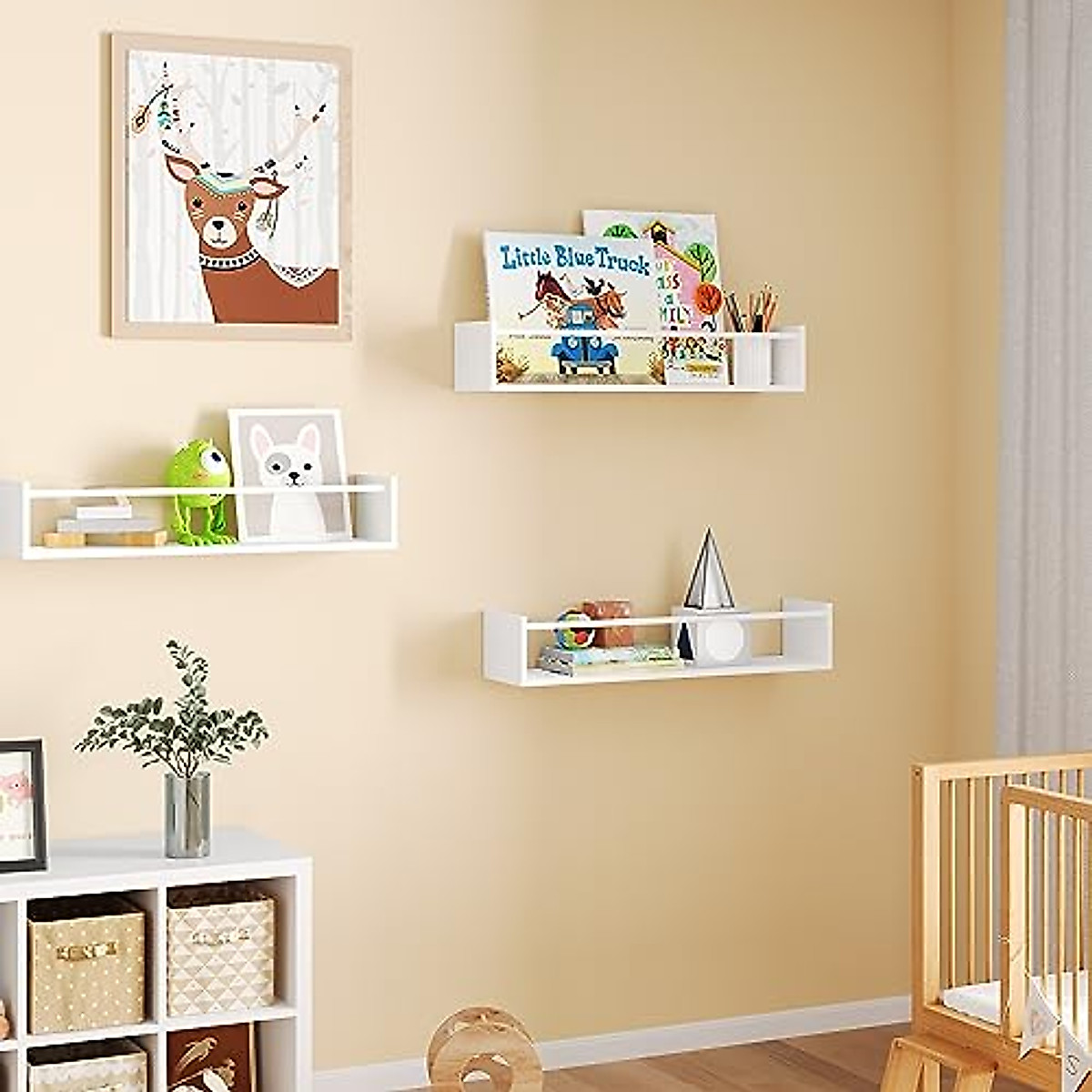 Fixwal Nursery Bookshelves, 16.5 Inch Floating Bookshelves for Wall Set of 3, Baby Kids Decor, Solid Wood Wall Mounted Shelves for Books, Toys and Decor Storage (White)