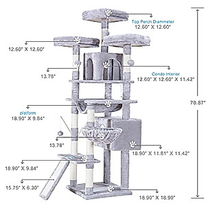 Hey-brother Cat Tree, 71 inches XL Large Cat Tower for Indoor Cats, Multi-Level Cat House with 3 Padded Perches, Big Scratcher, Cozy Basket, 2 Cat Condos and Scratching Posts, Light Gray MPJ034W