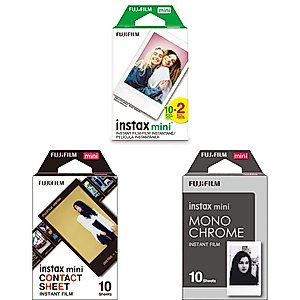 Fujifilm Instax Mini Instant Film Twin Pack (White) & Instax Mini Contact Sheet Film - 10 Exposures & Instax Mini Monochrome Film - 10 Exposures