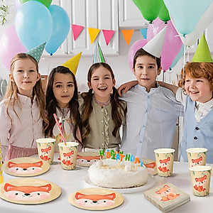 Yoande 194 Pcs Fox Duck Bird Theme Birthday Party Supplies Woodland Animal Face Paper Dessert Plates Knives Forks Spoons Cups Napkins for Kids Girl Boy Baby Shower Tableware Set Serves 24 (Fox)