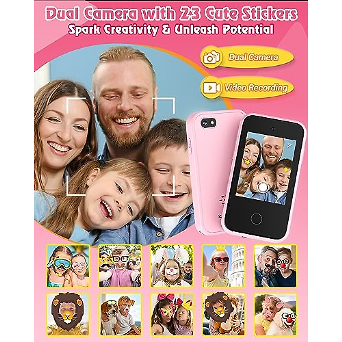 dancingcow Kids Smart Phone for Girls Ages 3-7, Kids Cell Phone Toy with Dual Camera for 3 4 5 6 7 Years Old Girls Birthday Gift, Toddler Play Phone with Learning Games for Boys (Pink)