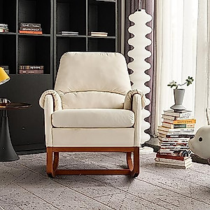 CALABASH Rocking Chair Nursery,Modern Comfy Armchair with Side Pocket,Mid-Century Upholstered Glider Rocker Chairs for Baby/Kids Room and Living Room (White Beige)