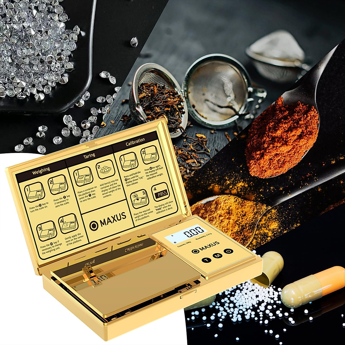 Digital Gram Scale with 200g x 0.01g Capacity, Stylish Gold Plated Cover and Platform for Accurate and Precise Weighing of Jewelry, Grains, and Food in Grams and Ounces