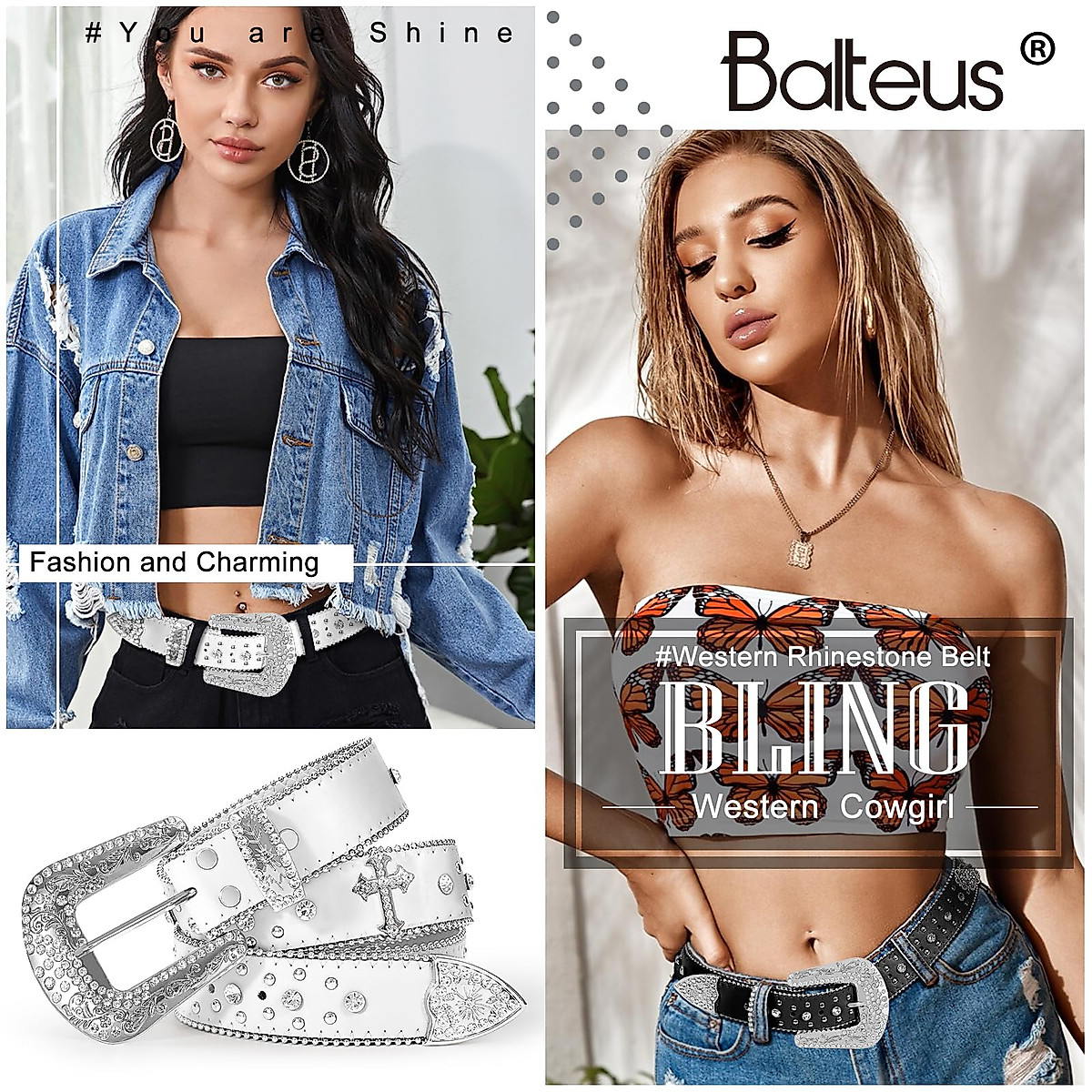 Women Men Rhinestone Belt,Fashion Western Cowgirl Cowboy Bling Studded Cross Leather Belt Diamond Belt for Jeans Dress,White,M