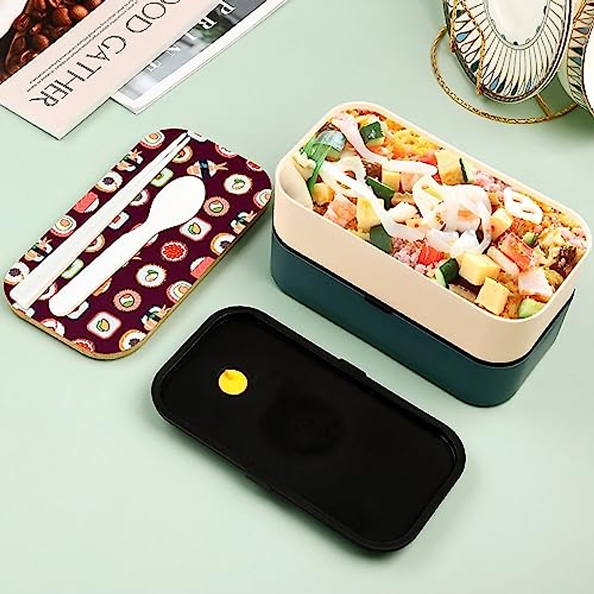 Japanese Food Sushi Pattern Adult Lunch Box with 2 Compartments & Cutlery Leak Proof Meal Prep Containers for Work Travel