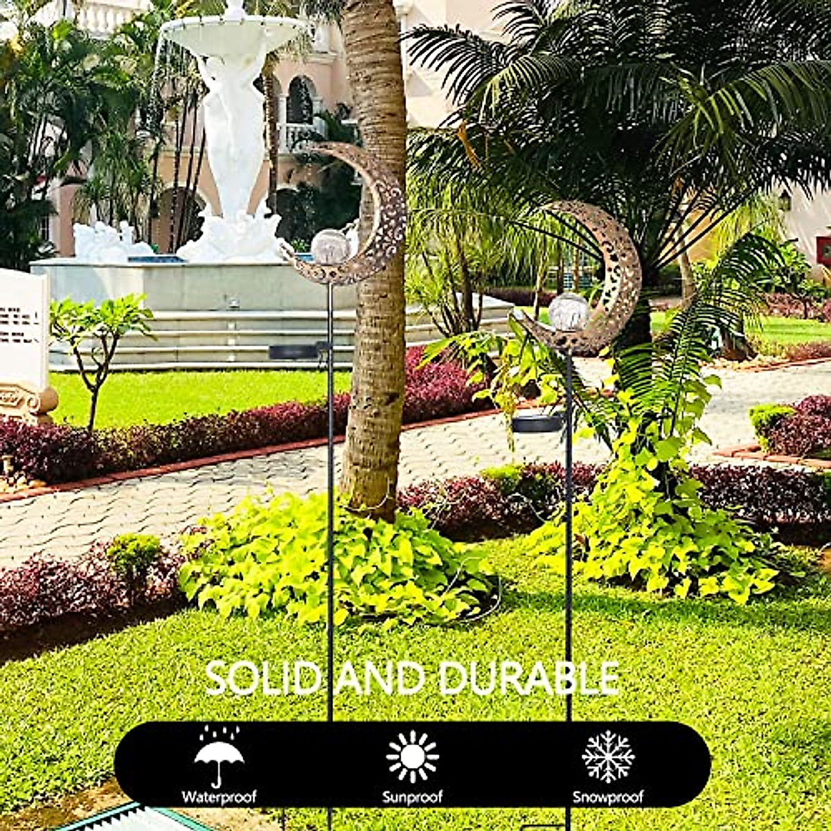 Asense Garden Solar Lights Pathway Stake Outdoor Metal Sculpture Art Decor, Solar Powered LED Lights for Lawn Patio Courtyard, Moon with Crackle Glass Ball