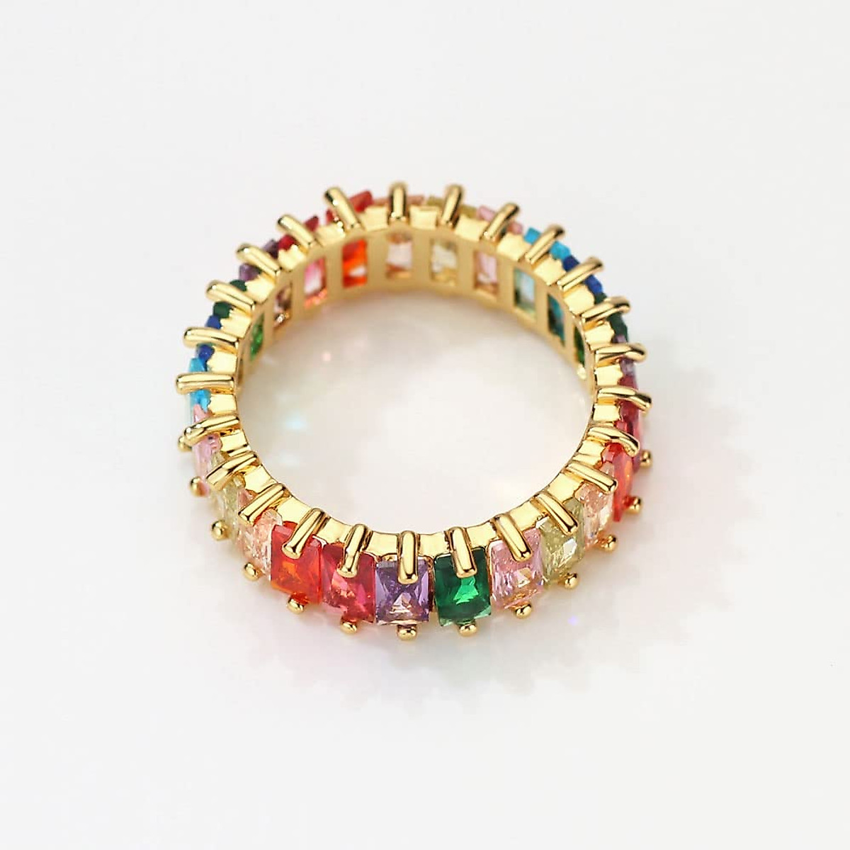 Michooyel Eternity Rainbow Ring Band Ring for Women 18K Gold Plated Baguette Multicolor Cubic Zirconia Eternity Ring