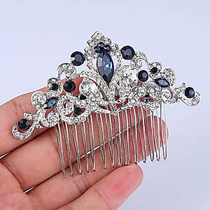 EVER FAITH Austrian Crystal Art Deco Flower Vine Wedding Prom Hair Comb fro Women Bride Bridesmaids Navy Blue Silver-Tone