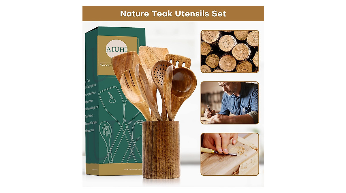 Natural Teak Wood Kitchen Utensils Set - 10-Piece