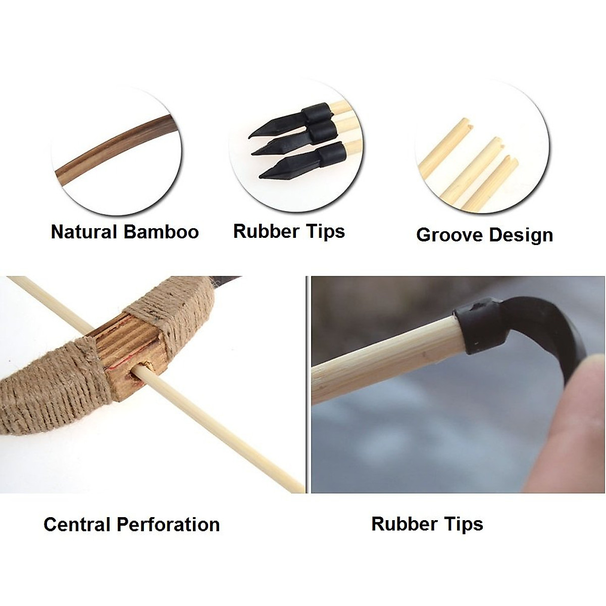 ICNBUYS Kids Bow Arrow and Wood Quiver Set 3 Safe Arrows Traditional Handmade Bamboo Kids Toy Gifts