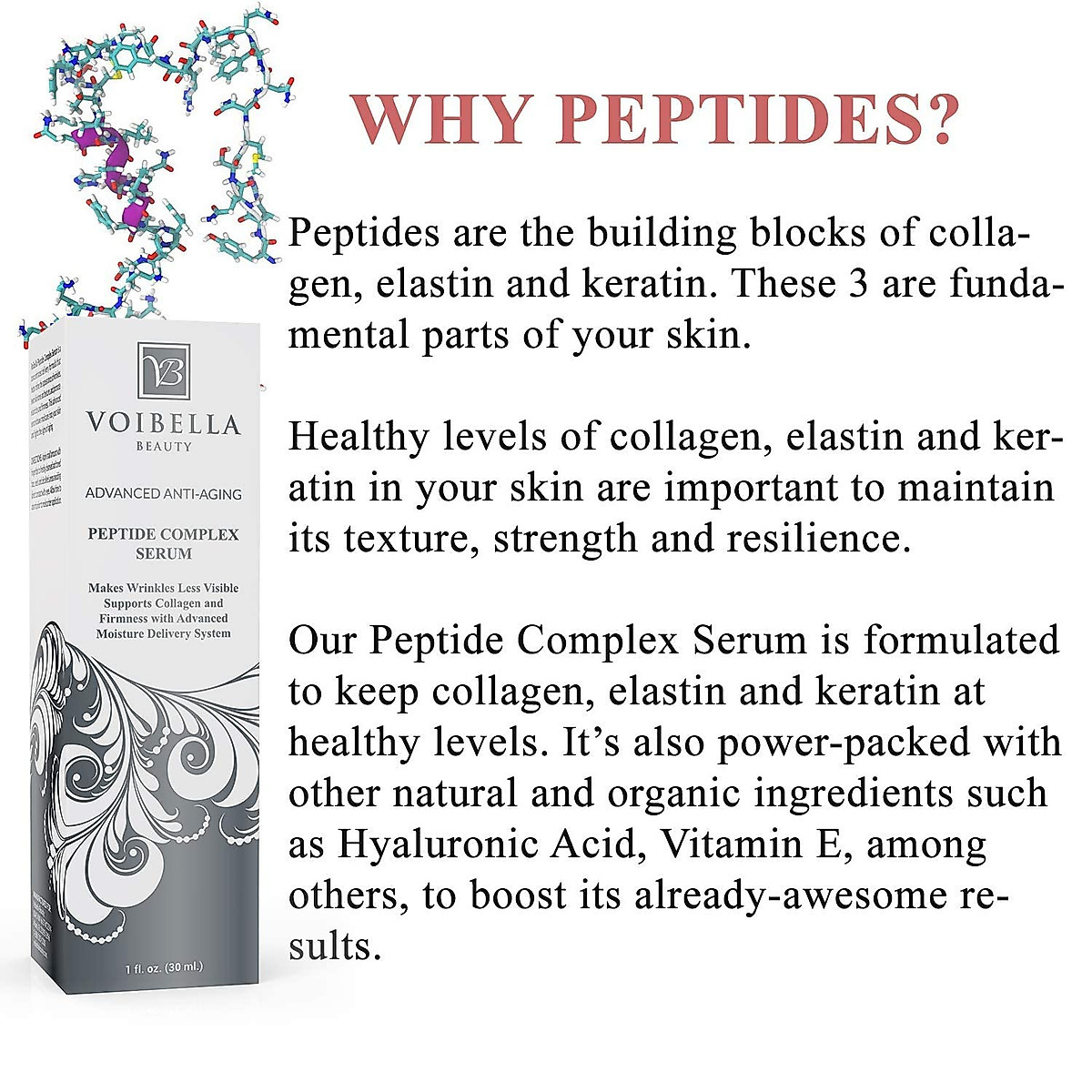 Peptide Complex Serum For Face & Collagen Support - Natural & Organic Anti Aging Skin Serum - Peptides, Hyaluronic Acid, Amino Acids & Vitamin E for Wrinkles, Hydrating, Firming & Elasticity