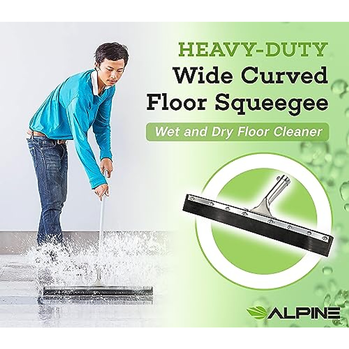 Alpine Industries Industrial-Duty Curved Floor Squeegee - Wide Commercial Cleaner Head Replacement w/Rubber Blade - 24 inches