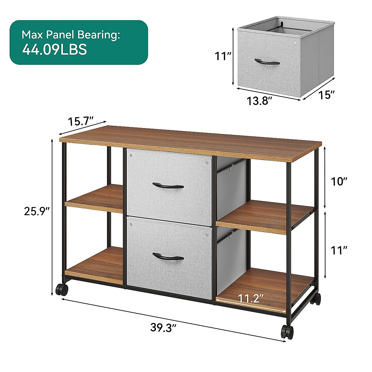 YITAHOME Mobile Lateral File Cabinet, Fabric Mobile Filing Cabinet with 4 Open Storage Shelves, Printer Stand with 2 Drawers for Home Office, Fits A4/Letter Size,Grey & Brown