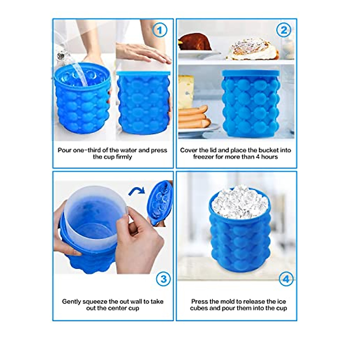 Ice Cube Mold Ice Cube Trays, New 3D Ice Cubes Maker(2 in 1), Large Cylindrical Silicone Ice Bucket for Frozen Cocktail, Beverages and More - Blue