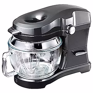 Kenmore Elite Ovation 5 Qt Stand Mixer, 500 Watts, with Revolutionary Pour-In Top, Tilt Head, Flat Beater, Whisk, Dough Hook, 360-degree Splash Guard, Glass Bowl, LED Light, Metallic Grey