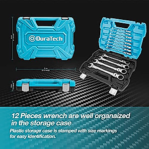 DURATECH 12-Piece Flex-Head Ratcheting Combination Wrench Set, 72-Tooth, Metric, 8-19mm, Cr-v Steel, Organized in Storage Case