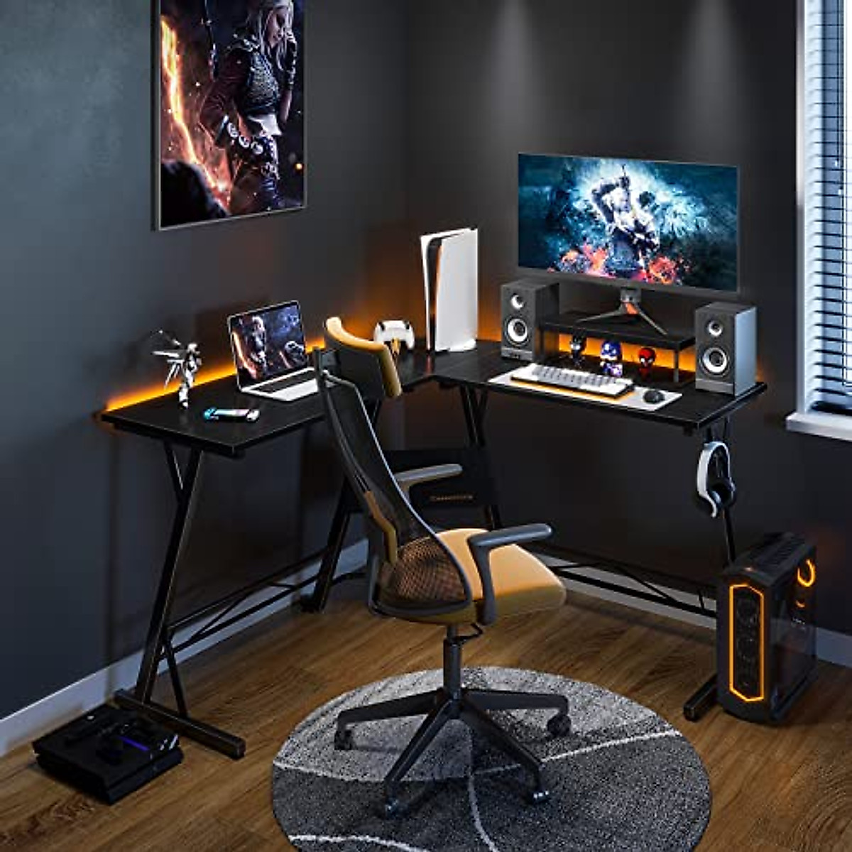Casaottima Gaming Desk L Shaped Computer Desk, Corner Desk for Home Office with Monitor Stand 51", Black