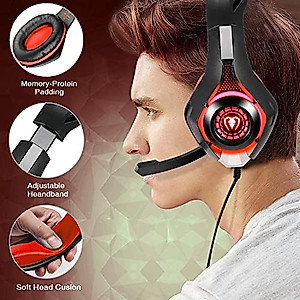 BlueFire Stereo Gaming Headset for PlayStation 4 PS4, Over-Ear Headphones With Mic and LED Lights for Xbox One, PC, Laptop (Red)