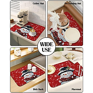 Red Snowman Dish Drying Mat for Kitchen Counter, Absorbent Quick Dry Coffee Bar Mat Pad Thin Diatomaceous Sink Mat Non Slip Dish Drainer Mat 16''x24'' Winter Christmas Buffalo Plaid Berry Watercolor