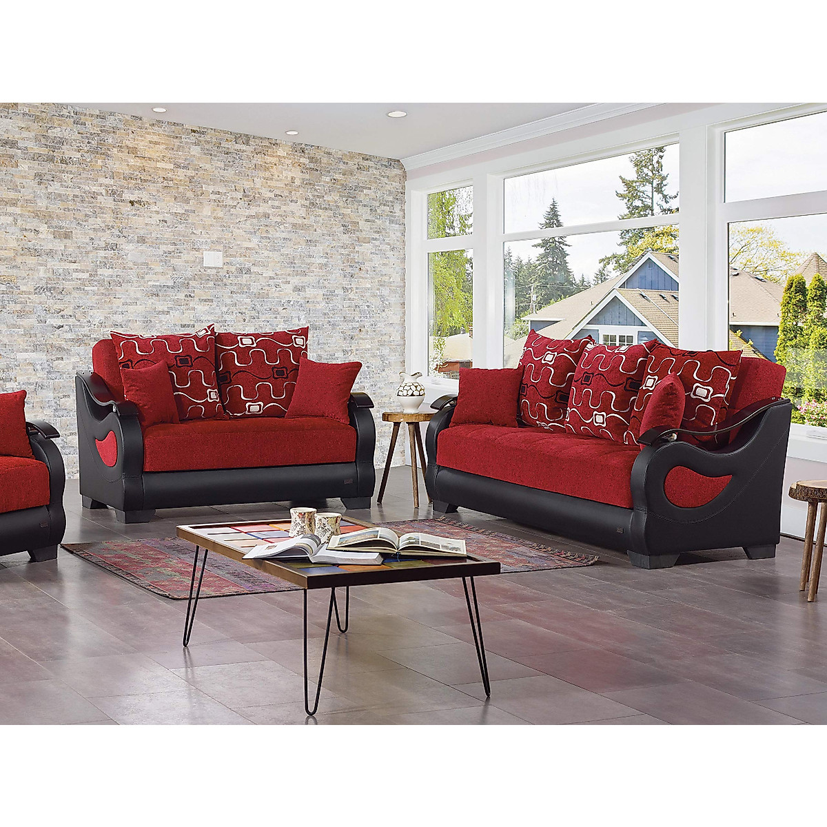 BEYAN Pittsburgh Collection Modern Convertible Storage Loveseat with Ample Storage Space, Includes 2 Pillows, Red/Black