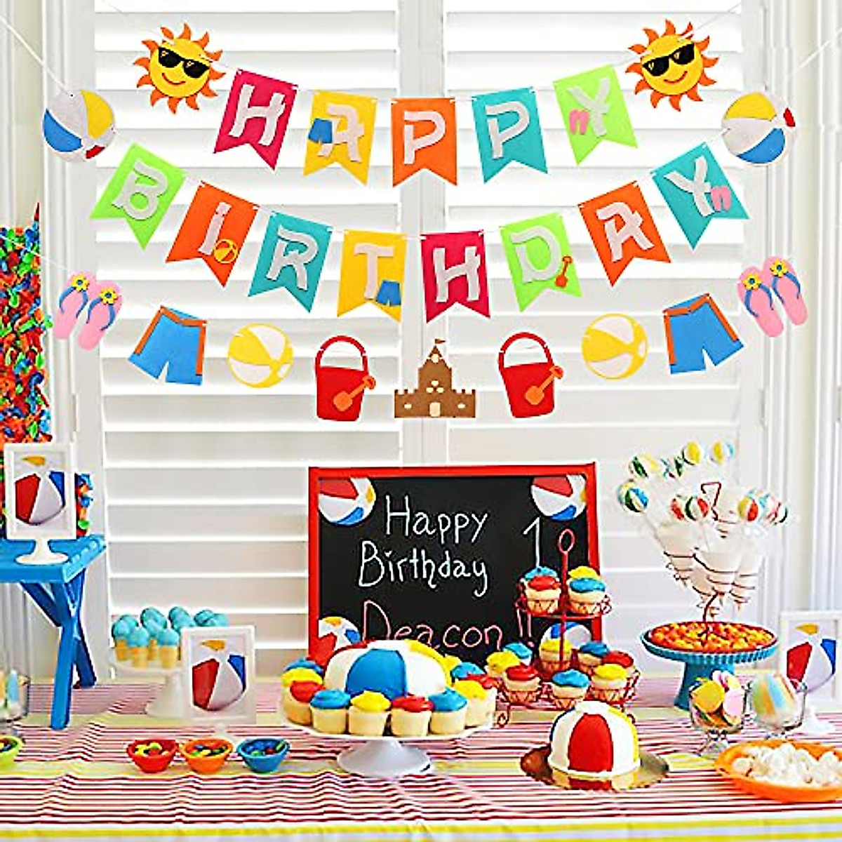 Beach Birthday Banner Garland Decorations for Hawaiian Aloha Luau Beach Pool Barbecue Party Beach Ball Happy Birthday Party Favor Supplies